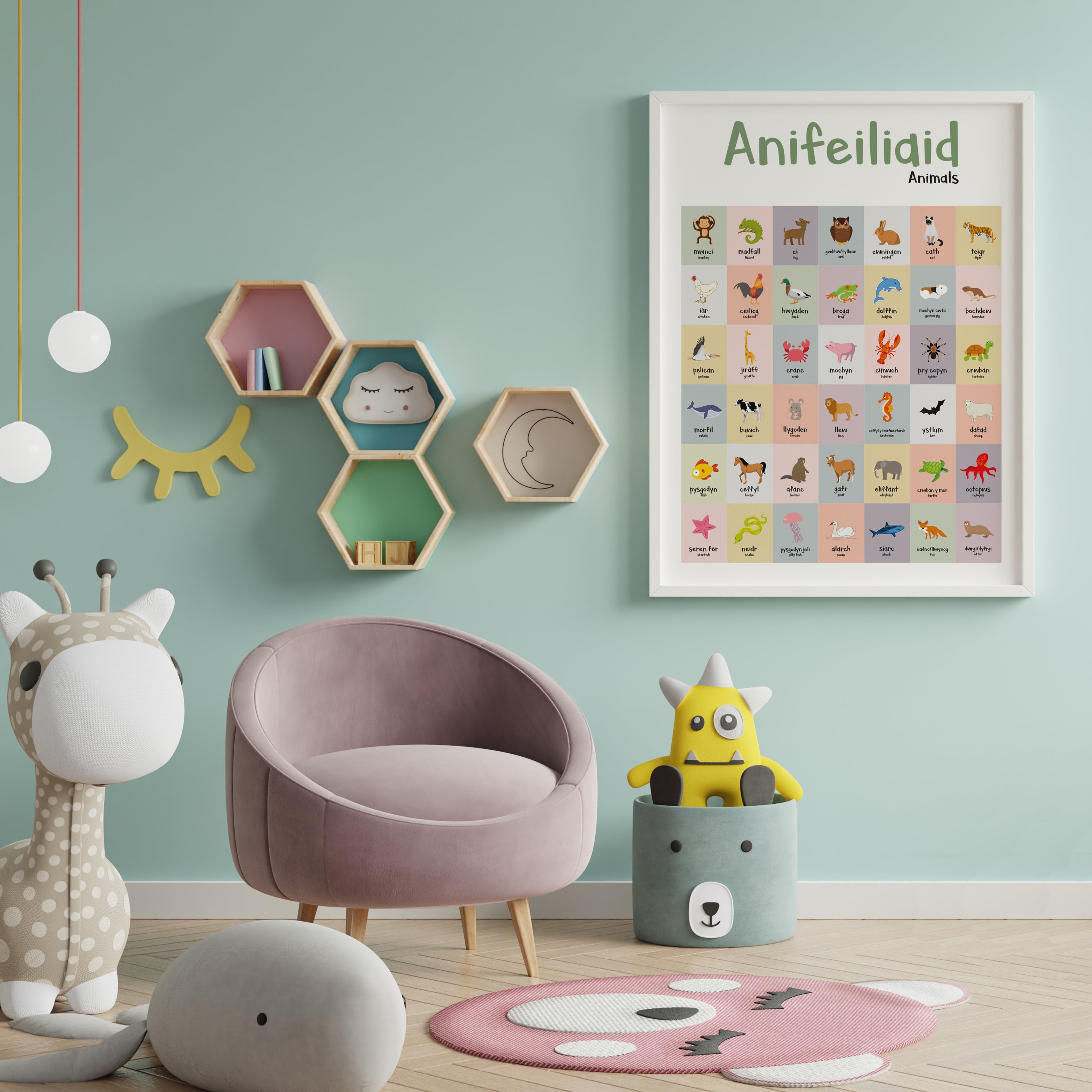A2 Anifeiliaid // Animal Welsh Language Print for Children's Bedroom o ...